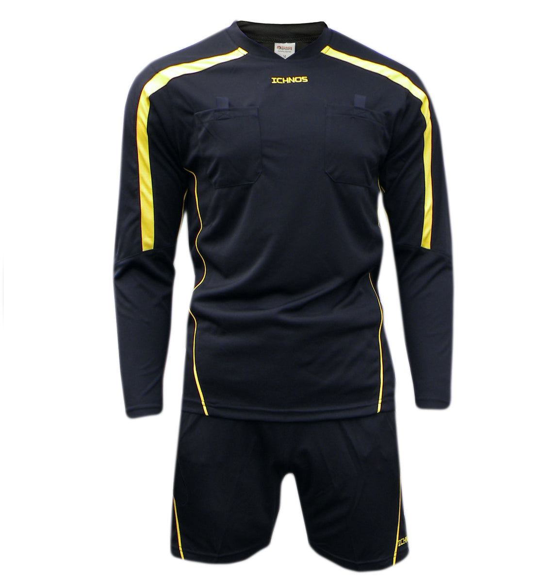 Ichnos black yellow football referee uniform shirt and shorts adult si ...