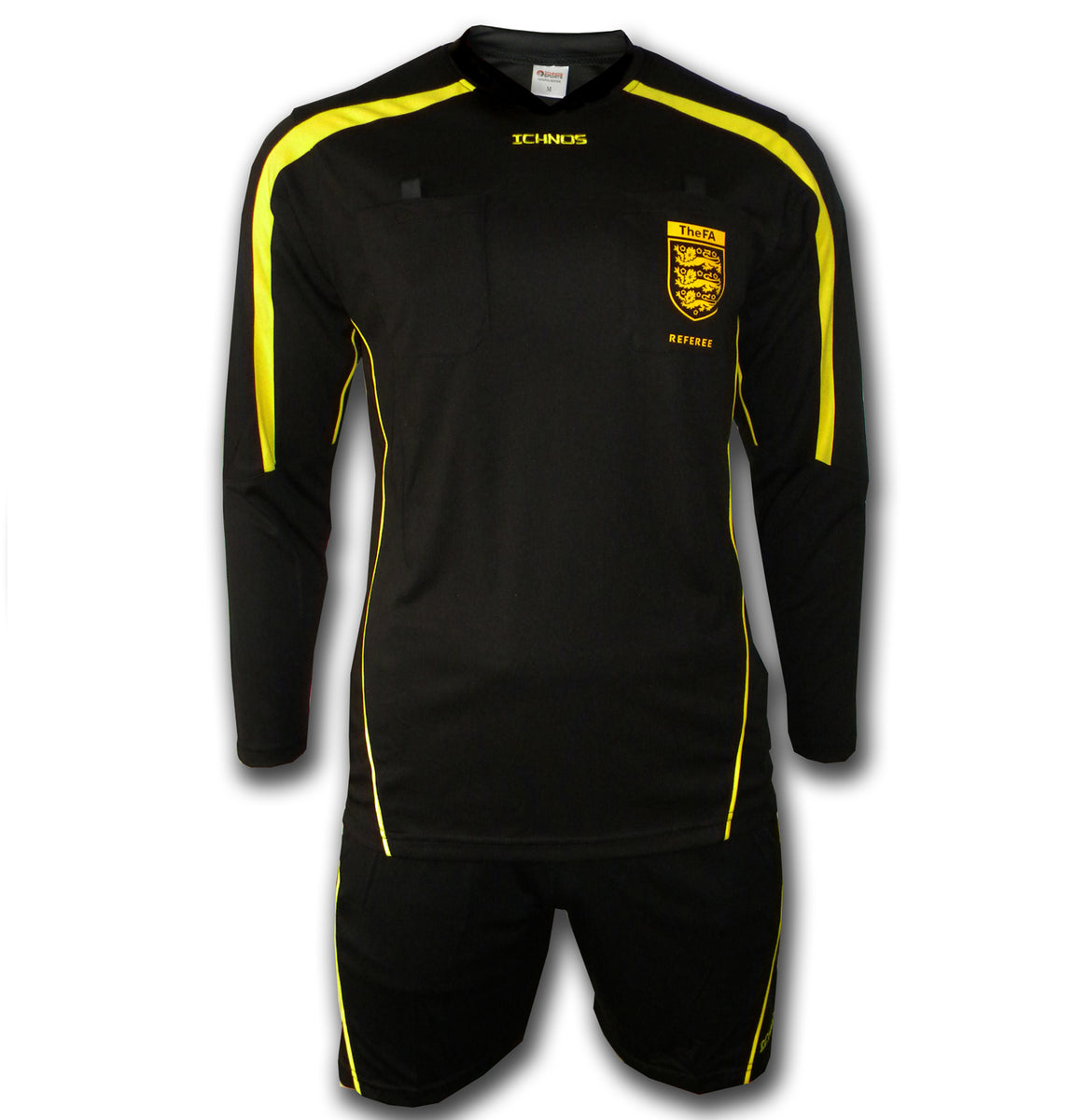 Ichnos black yellow referee Uniform with shirt and shorts FA badge ...