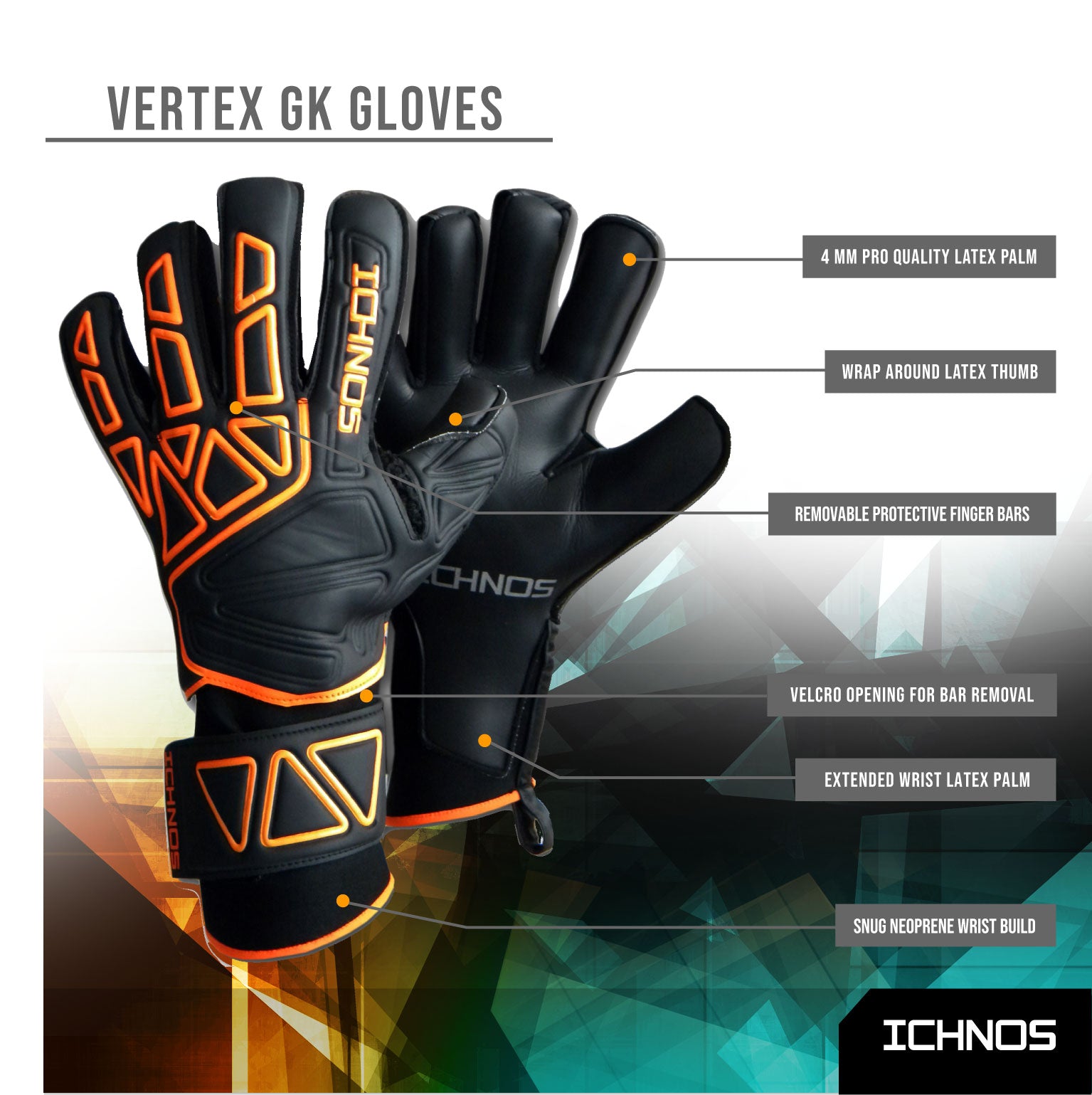 Ichnos Vertex Extended Palm finger saver goalkeeper gloves Black Orang ...